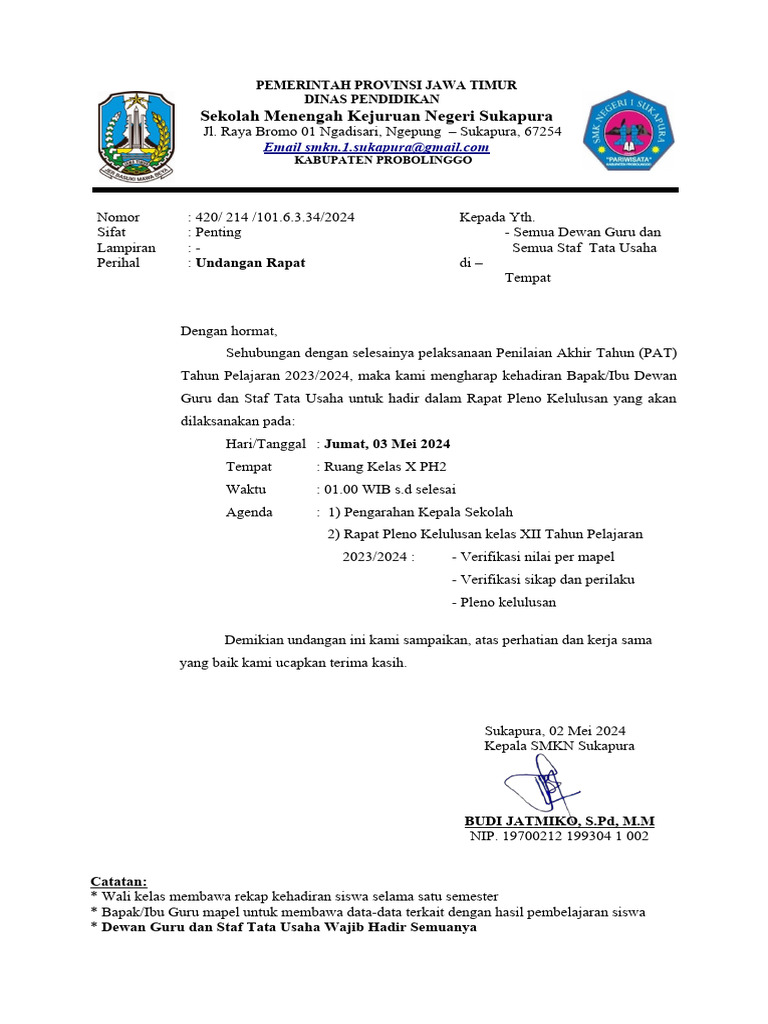 Form Undangan Rapat Pleno Kelulusan Tahun 2024 | PDF
