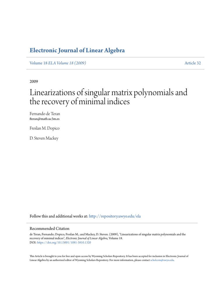 Linearizations of Singular Matrix Polynomials and The Recovery of | PDF | Matrix (Mathematics ...