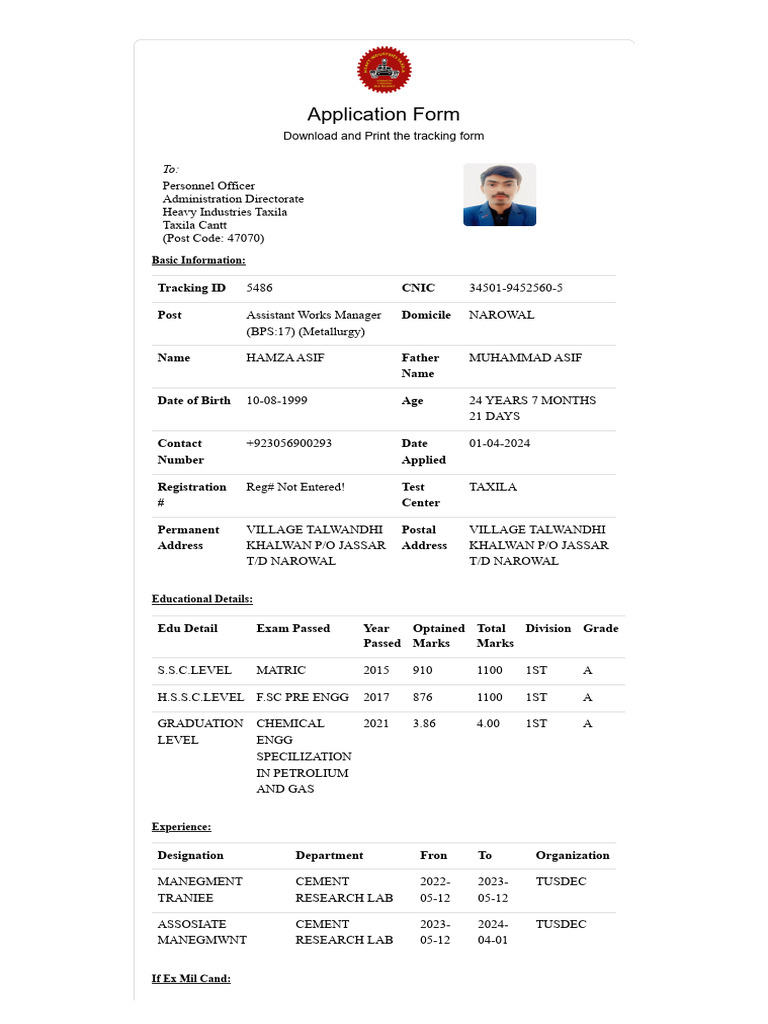 Application Form _ HIT Taxila Cantt | PDF
