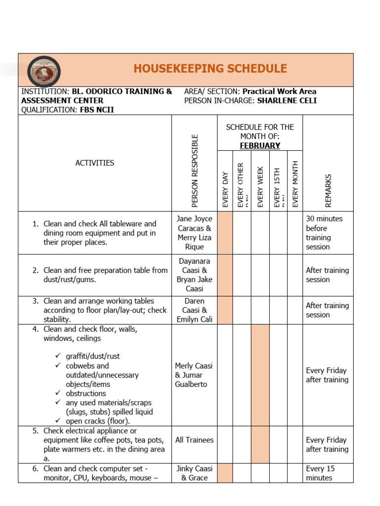 Housekeeping Schedule: Assessment Center | PDF | Housekeeping | Telephony