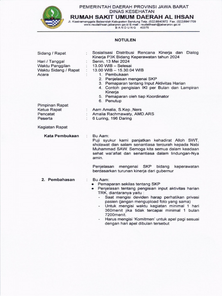 Notulen Rapat Sosialisasi Pengisian SKP p3k 2024 | PDF