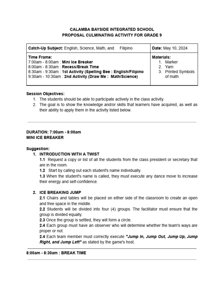 Proposal Culminating Activity GR 9 Cbis May 10 2024 | PDF | Learning ...