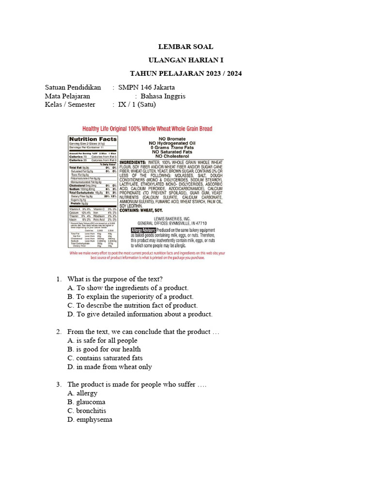 Soal Label Bahasa Inggris Kelas 9 | PDF | Pharmacy | Nutrition
