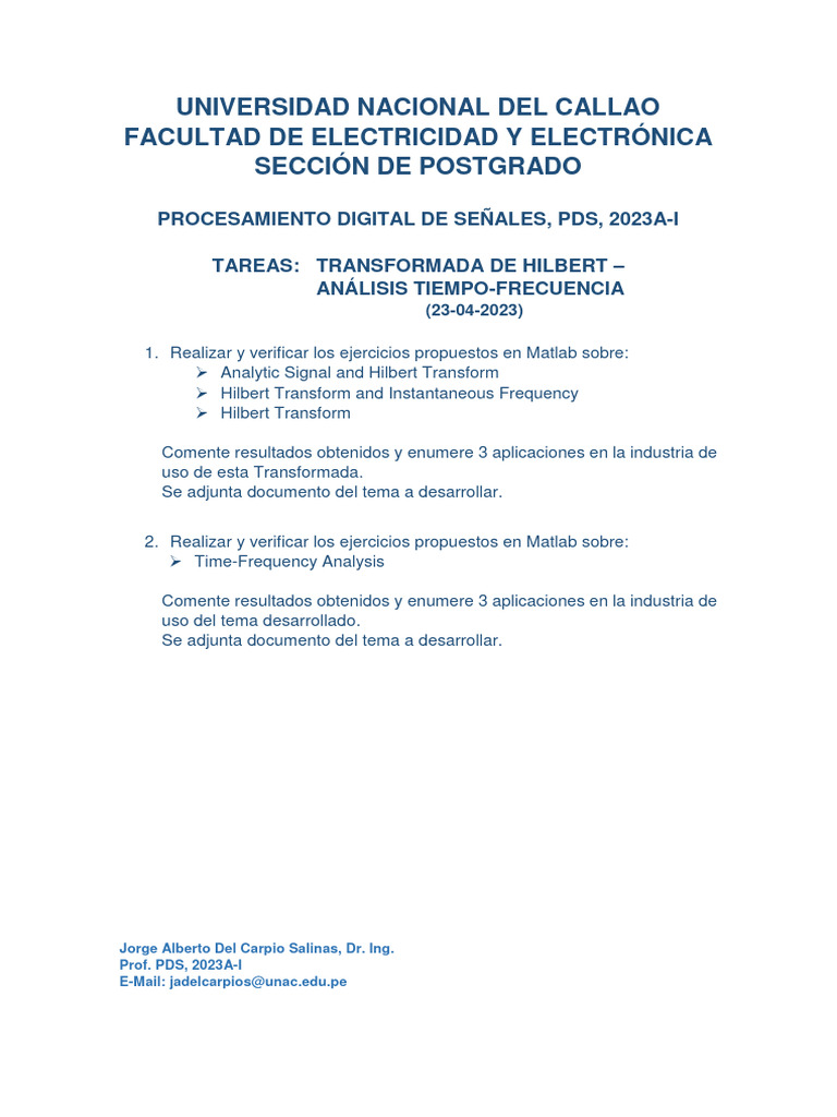 Tarea Transformada Hilbert-Analisis Tiempo Frecuencia | PDF | Spectral Density | Frequency