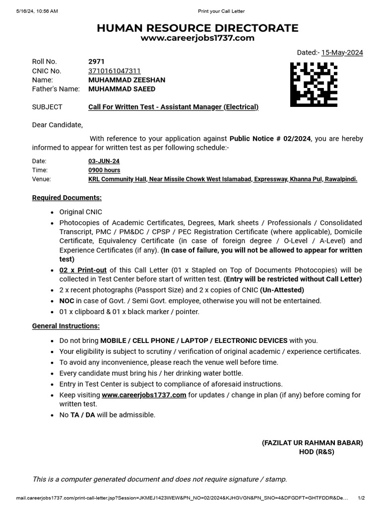 Print your Call Letter | PDF