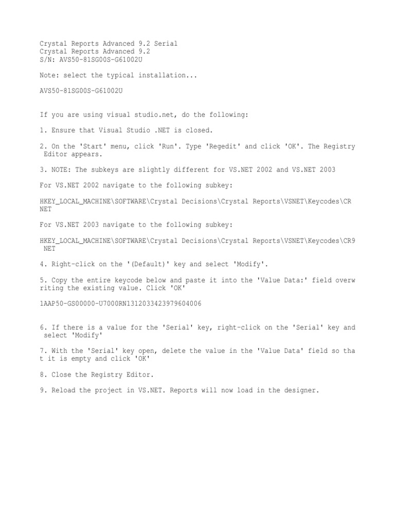 Crystal Reports 9.2 Serial Key Guide | PDF | Windows Registry ...