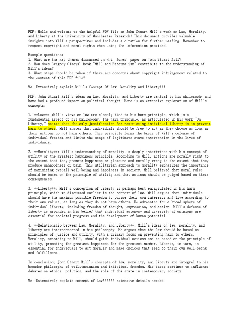 ChatPDF-John Stuart Mill Law Morality and Liberty | PDF | John Stuart ...