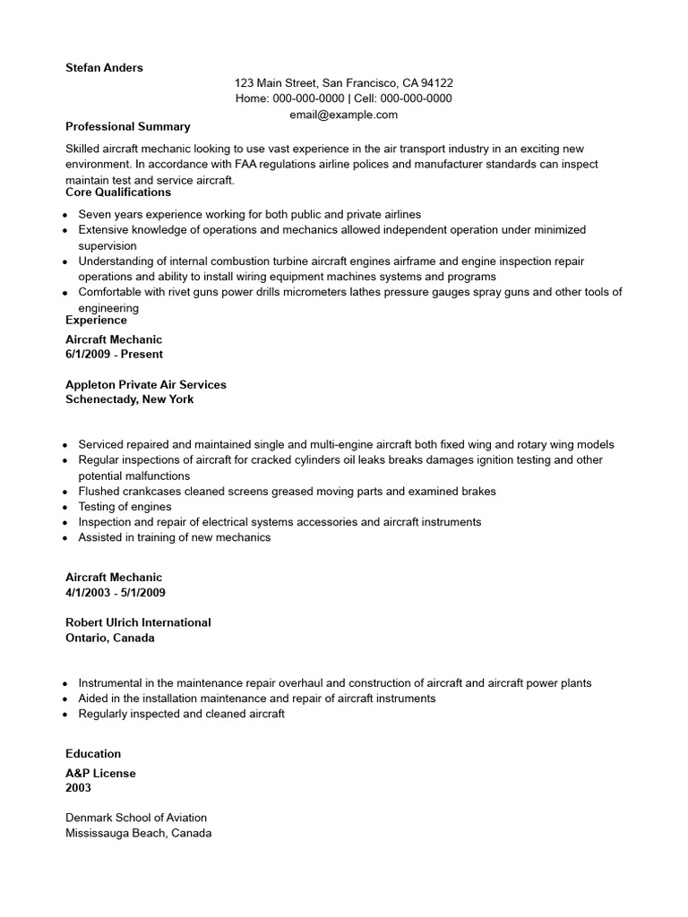 Aircraft Mechanic Resume Example | PDF