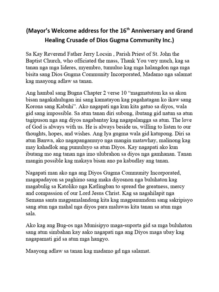 Mayors Speech For Dios Gugma | PDF
