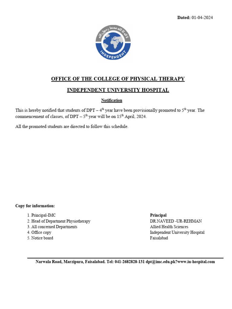 DPT 4th Year Students Promoted Notice | PDF | Self-Improvement | Wellness