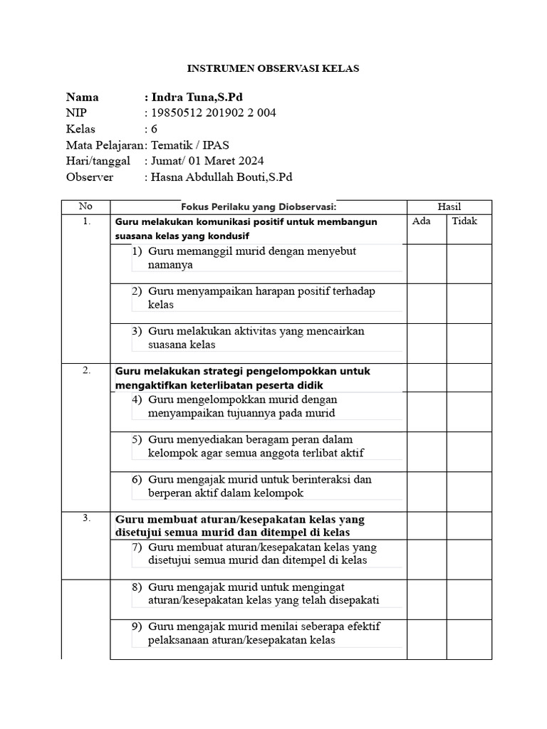 Instrumen Observasi Kelas Mizanto | PDF
