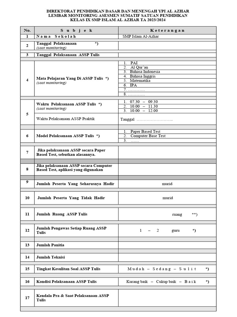 Lembar Monitoring ASSP SMP 2023-2024 | PDF