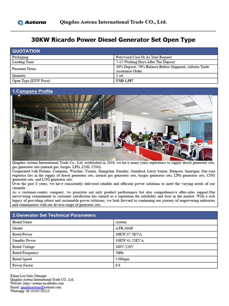 Quotation For 30KW Ricardo Diesel Generator Set Open Type-George ...