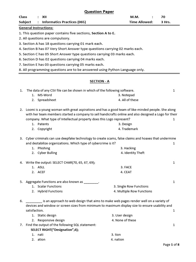 Class XII - Informatics Practices - Sample Paper IV | PDF | Sql | Websites