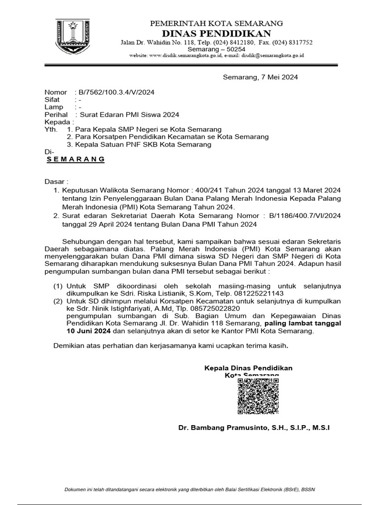 Surat Edaran Pmi Siswa TH 2024 | PDF