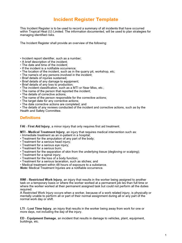 20.4 Incident Register Template | PDF | Occupational Safety And Health ...