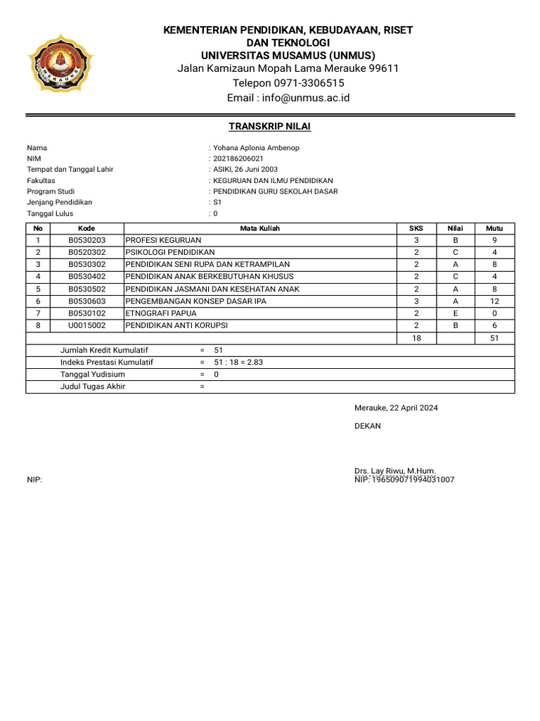 Transkrip Nilai Yohana Aplonia Ambenop | PDF