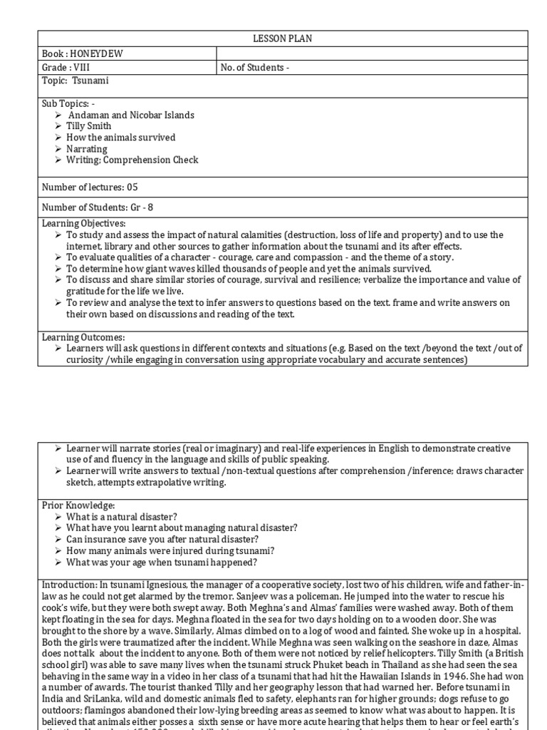 Tsunami Lesson Plan for Class 8 | PDF | Tsunami | Reading Comprehension