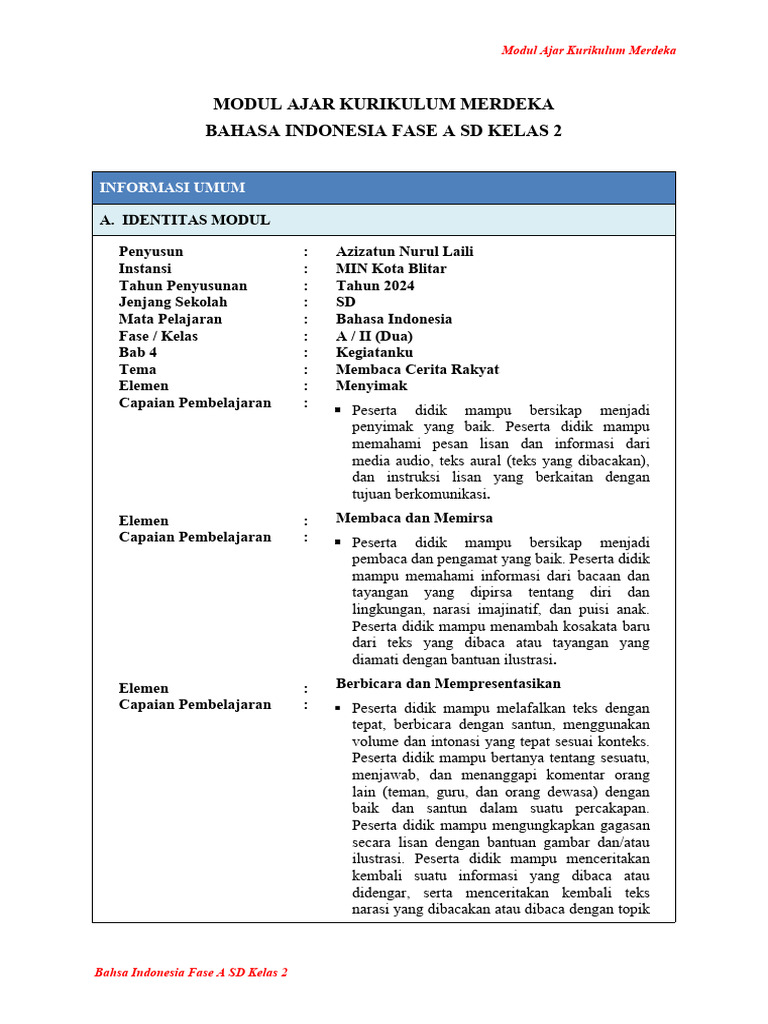 Modul Ajar Bindo Cerita Rakyat | PDF | Karier & Perkembangan | Seni & Disiplin Bahasa