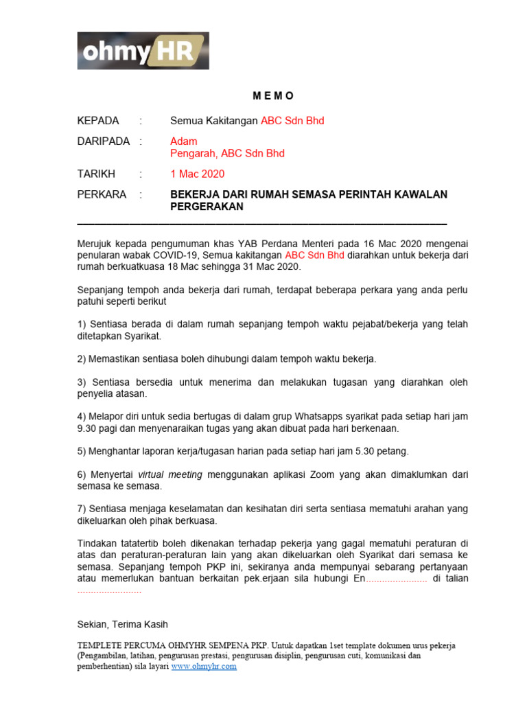 Memo Kerja Dari Rumah Semasa PKP | PDF