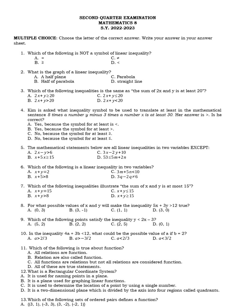 Q2 TQ | PDF | Inequality (Mathematics) | Mathematics