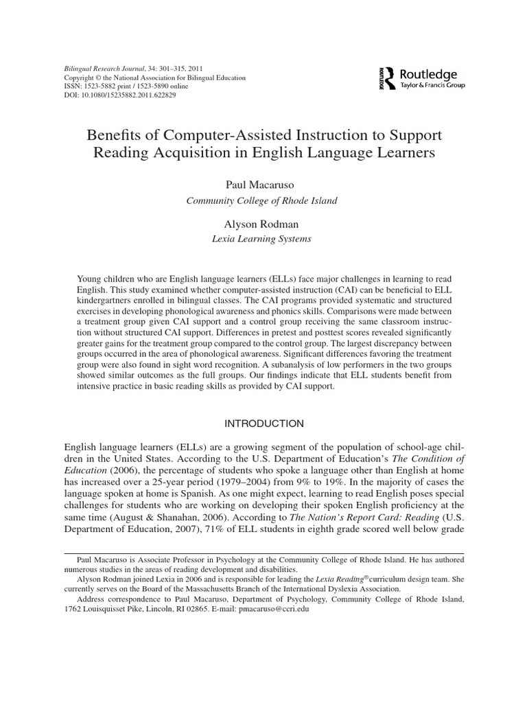 Benefits of Computer-Assisted Instruction To Support Reading Acquisiiton in English Language ...