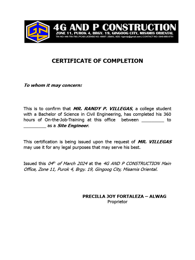 Certificate of Completion - Ojt | PDF | Technology & Engineering