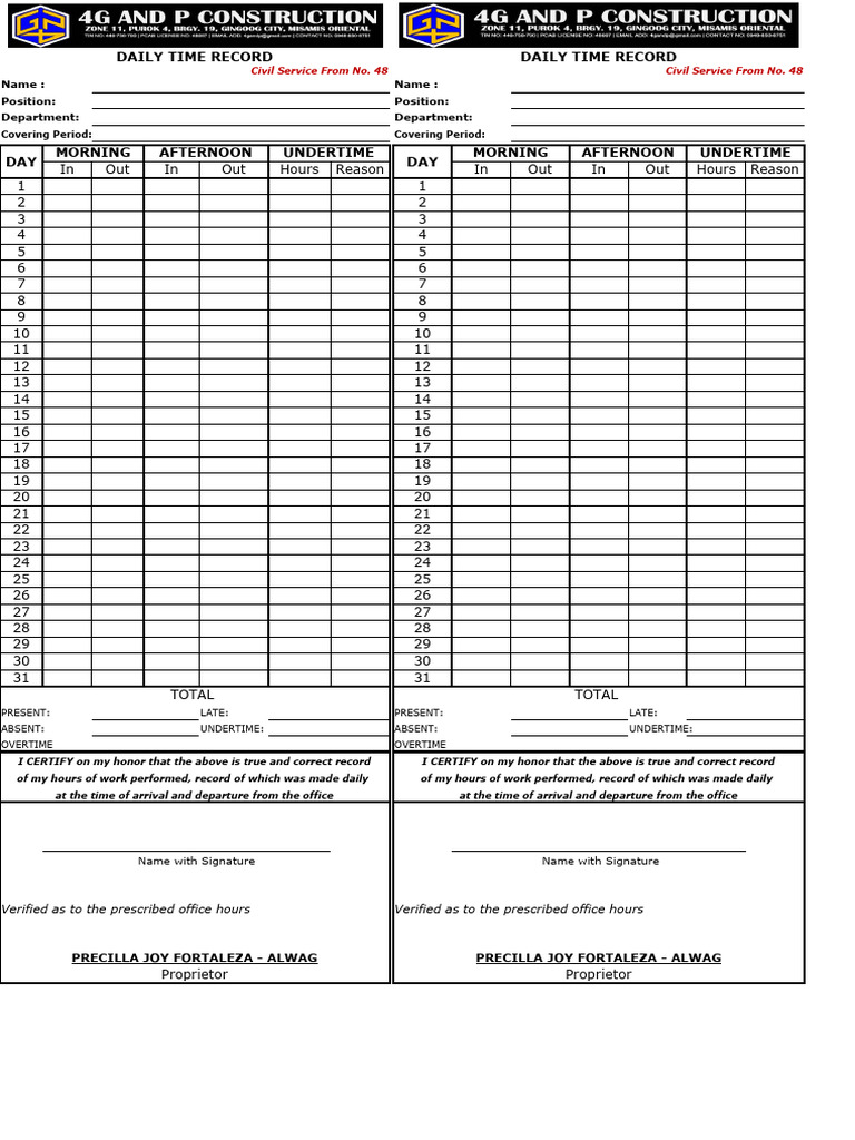 Daily Time Record - 4G and P Construction | PDF
