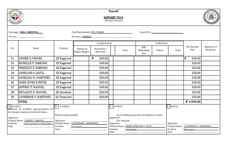 Payroll 2024 SK Officials | PDF | Payroll Tax | Taxes
