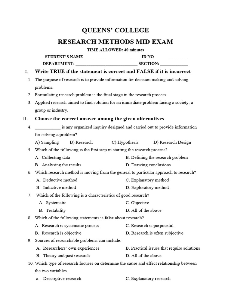 Research Methods Mid Exam Questions | PDF | Scientific Method | Methodology