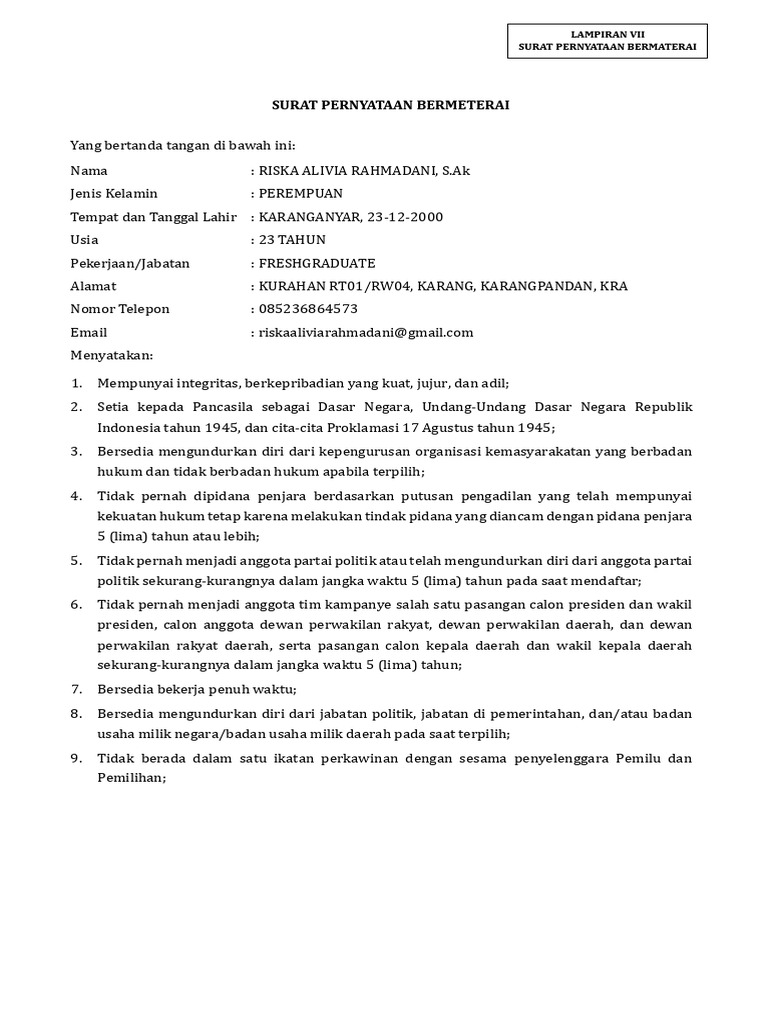 Riska Alivia Rahmadani - Lamp Vii Surat Pernyataan Bermeterai | PDF | Hukum