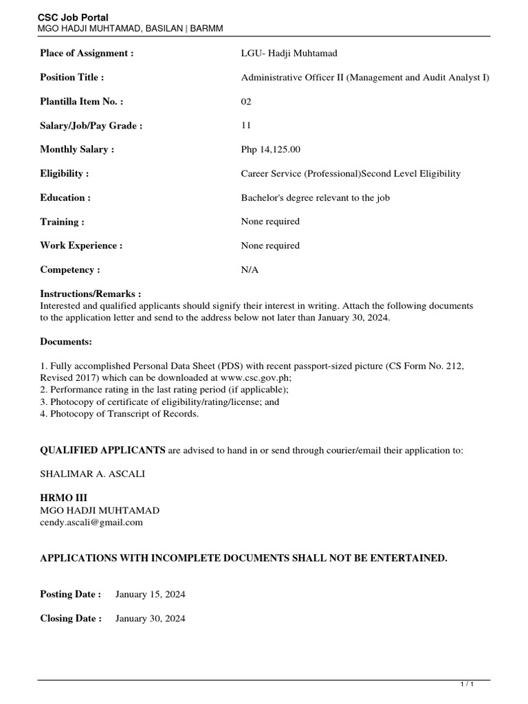 Administrative Officer Job in Basilan | PDF