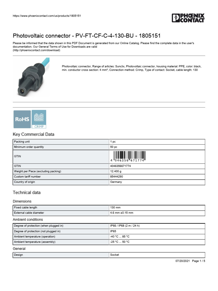 Photovoltaic Connector - PV-FT-CF-C-4-130-BU - 1805151: Key Commercial ...