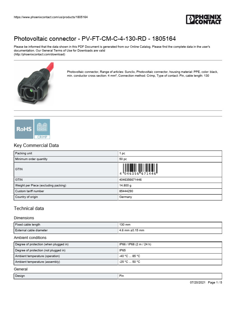 Photovoltaic Connector - PV-FT-CM-C-4-130-RD - 1805164: Key Commercial Data | PDF | Electrical ...