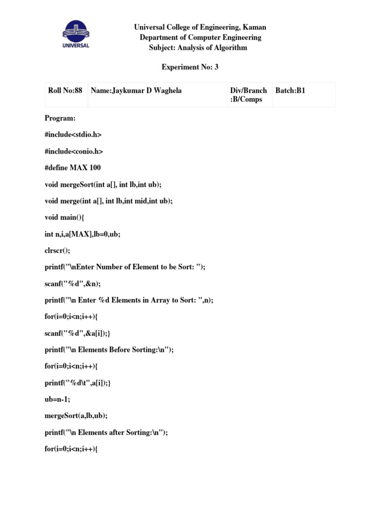 Merge Sort Algorithm Implementation | PDF | Teaching Methods & Materials | Computers