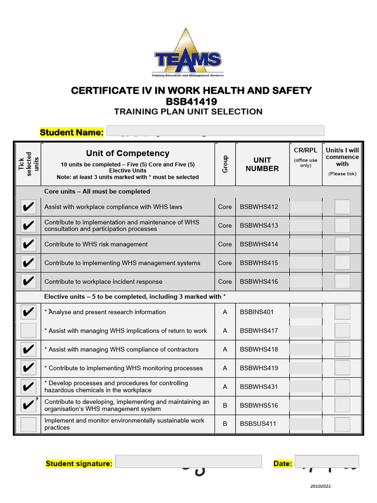 Unit Selection Cert IV WHS BSB41419 (1) - 231003 - 132015 - Edited - Signed | PDF | Occupational ...