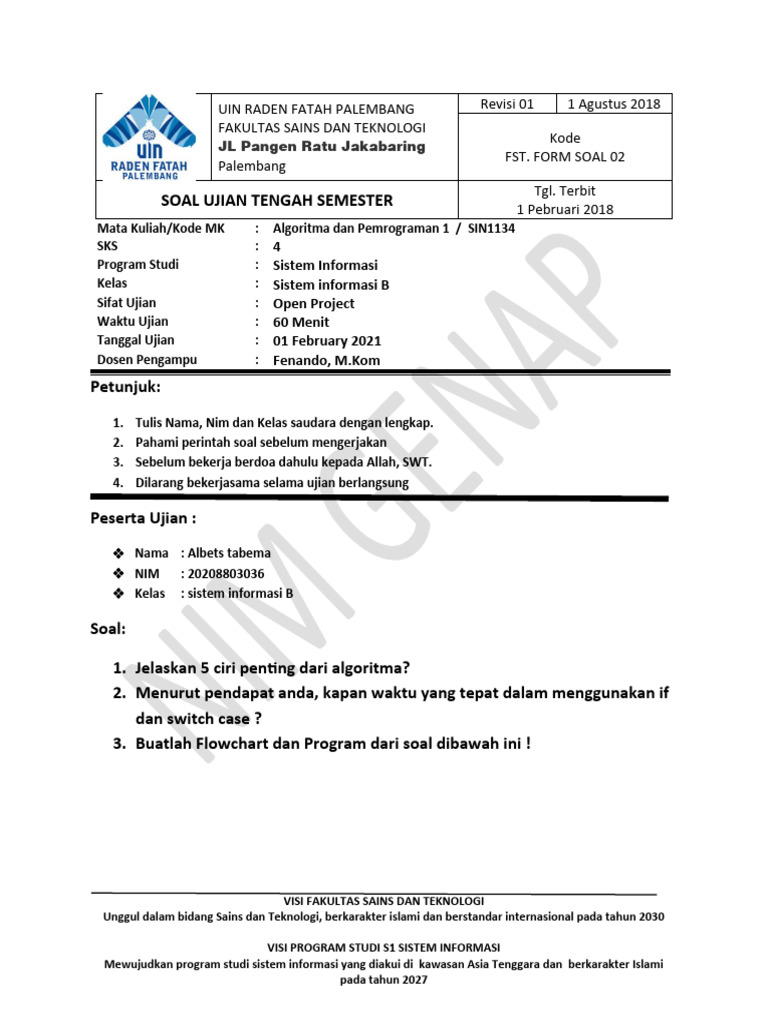 Form Soal UAS Alpro Genap Albets Tabema | PDF