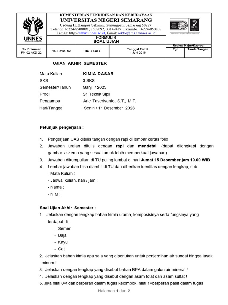 Soal Uas Kimdas 2023 | PDF