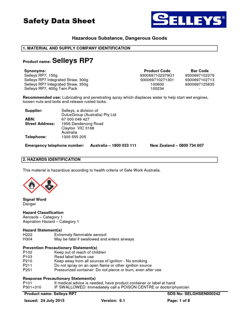 MSDS RP7 (En) | Download Free PDF | Dangerous Goods | Toxicity