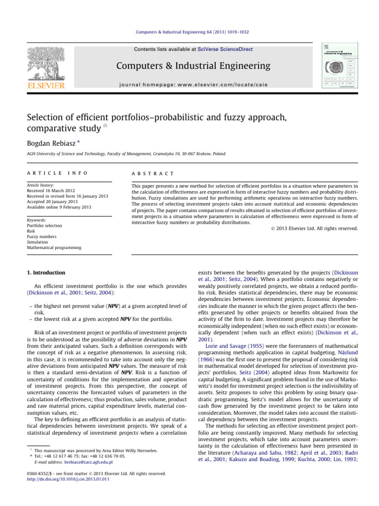 Computers & Industrial Engineering: Bogdan Rebiasz | Download Free PDF | Risk | Net Present Value