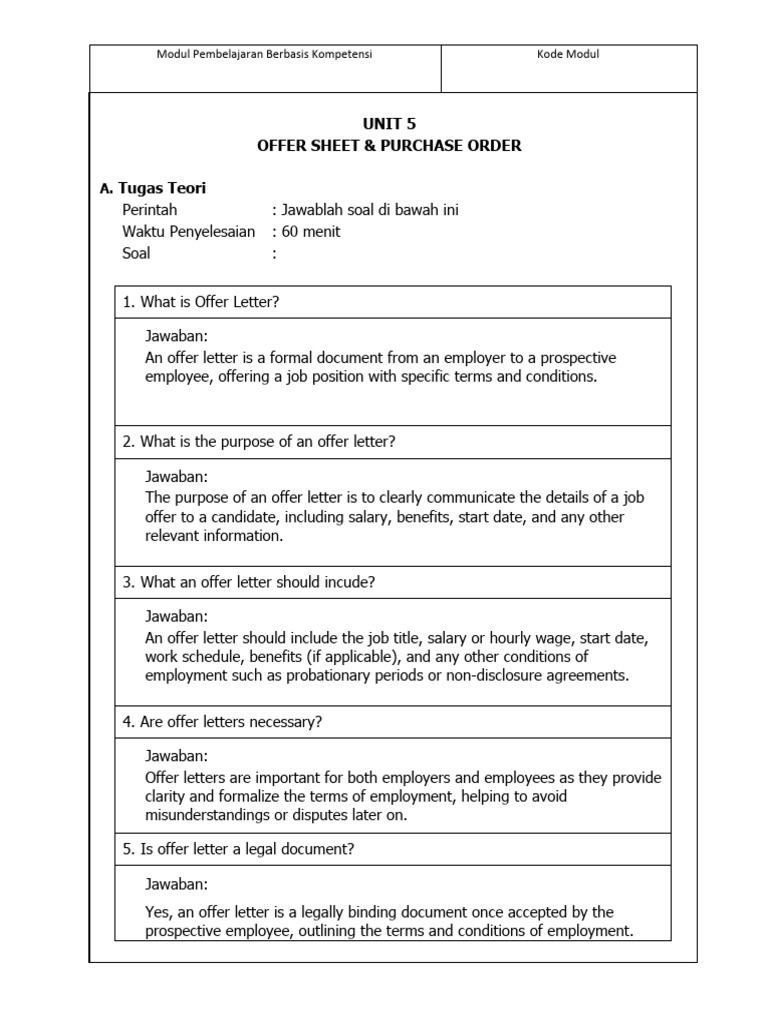 UNIT 5 - OFFER SHEET PURCHASE ORDER Muhamad Abdul Faiz | PDF | Employment | Business