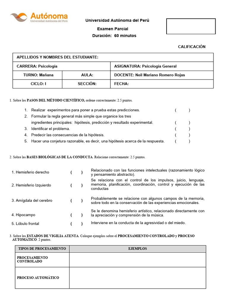 Examen Parcial - PSICOLOGÍA GENERAL NEIL ROMERO ROJAS | PDF ...