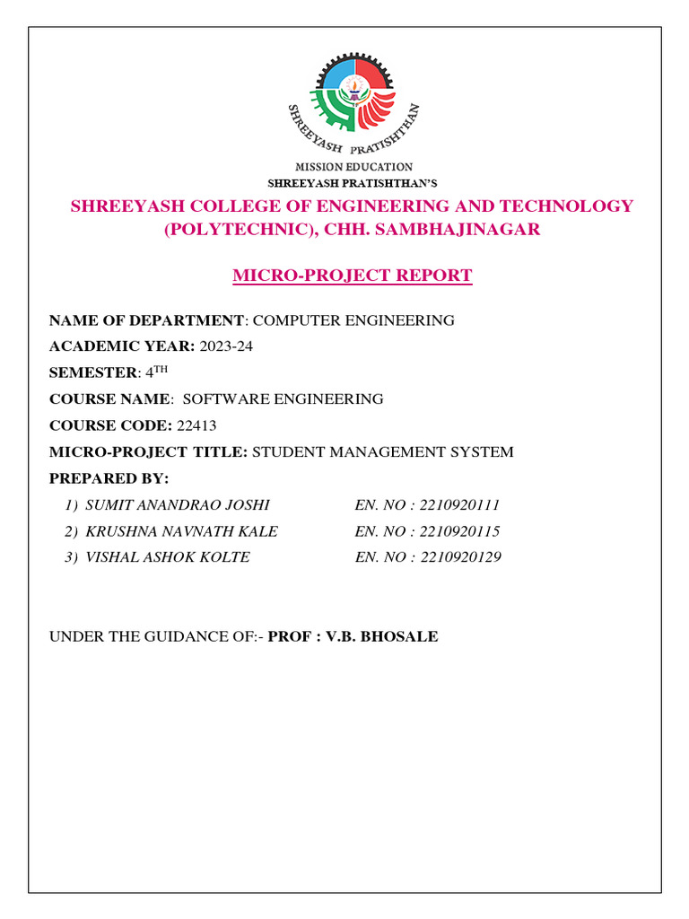 Shreeyash College of Engineering and Technology (Polytechnic), Chh. Sambhajinagar Micro-Project ...