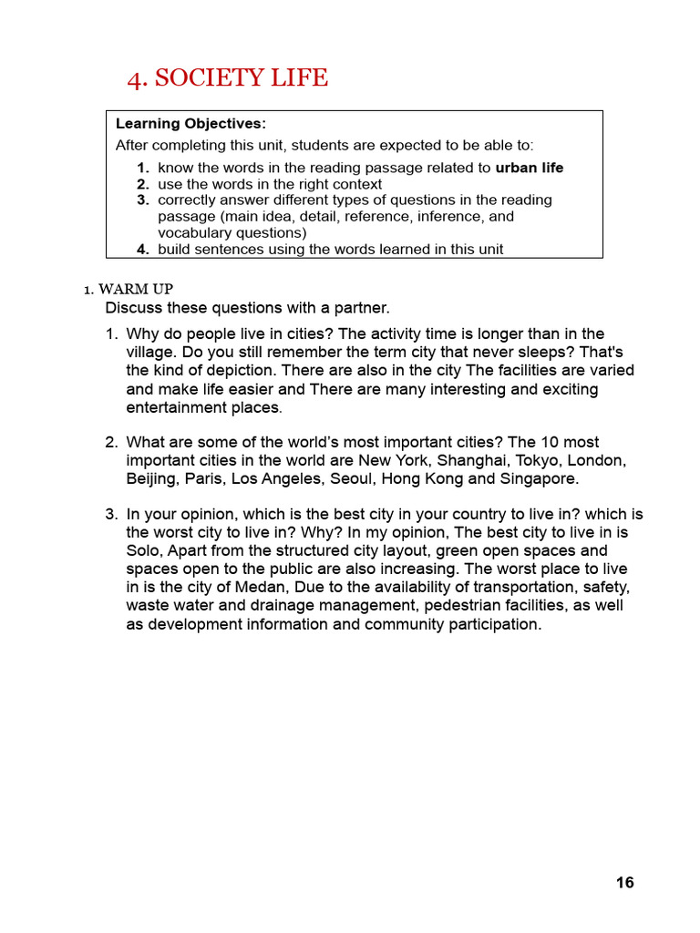 Urban Life Vocabulary Guide | PDF