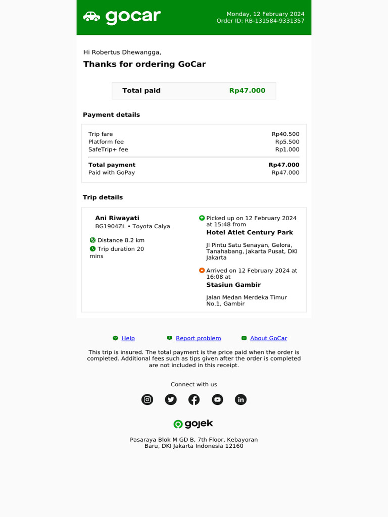 GoCar Trip Receipt - Jakarta 2024 | PDF