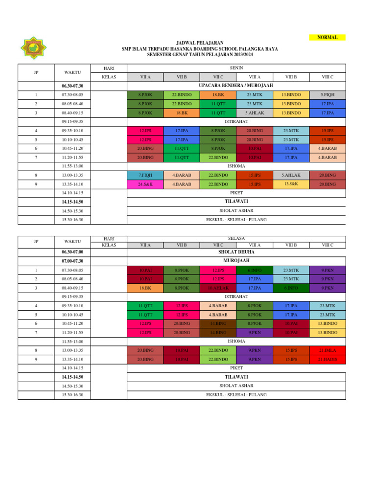 Jadwal Pelajaran Genap TP 2023-2024 (Pasca Lebaran) | PDF