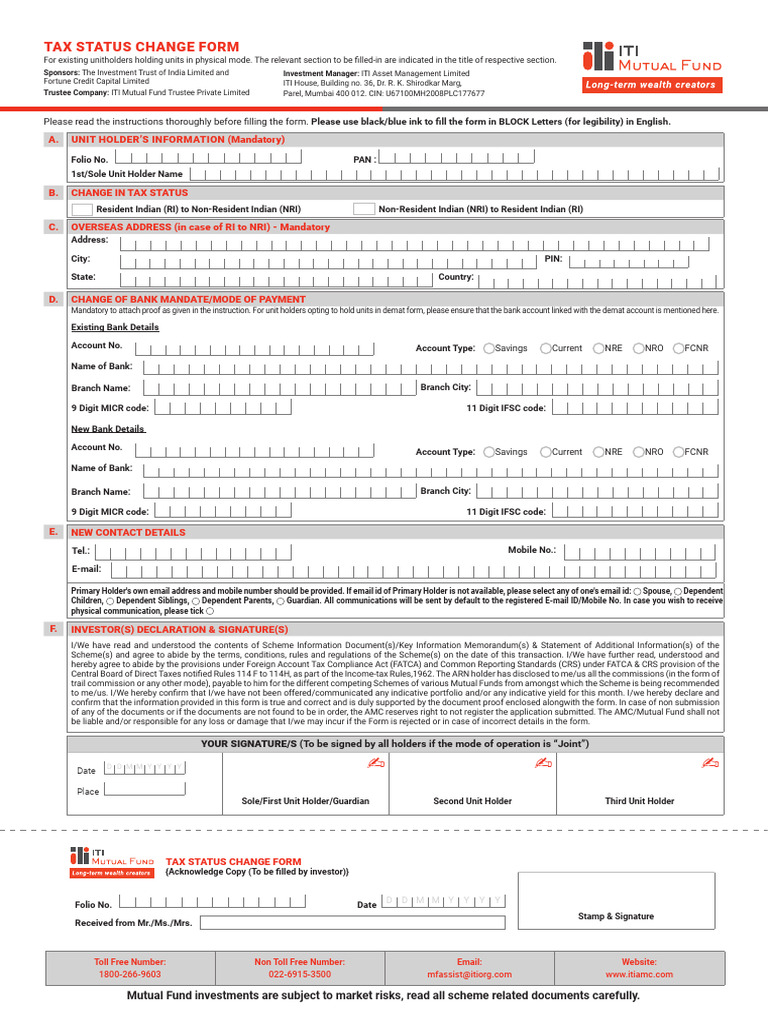 1710494246-ITI MF Change of Tax Status Form | PDF | Banks | Cheque