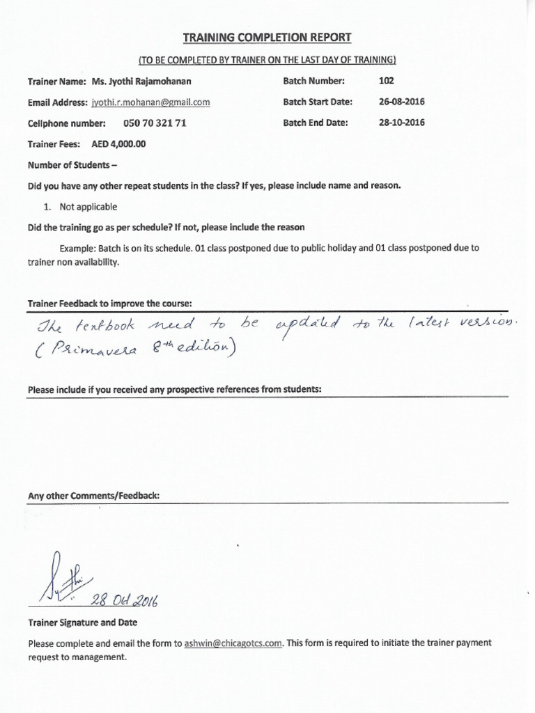 102-Primavera - Training Completion Report | PDF