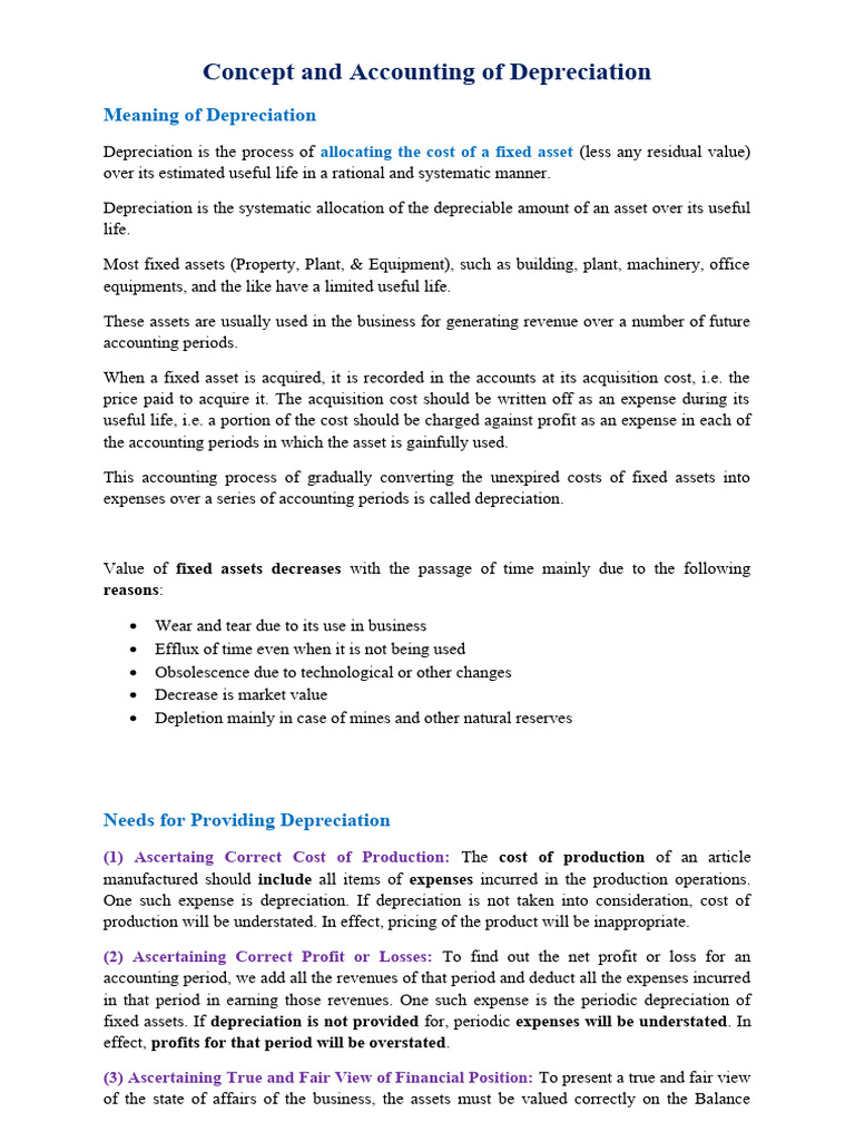 Concept and Accounting of Depreciation | PDF | Depreciation | Debits ...