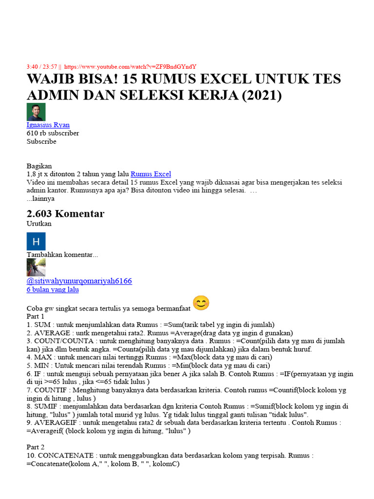15 Rumus Excel Untuk Tes Admin Dan Seleksi Kerja | PDF